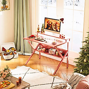 ODK Small Computer Desk, 27.5 inch Desk for Small Spaces with Storage, Compact Table with Monitor & Storage Shelves for Home Office, Modern Style Laptop Desk, Pink