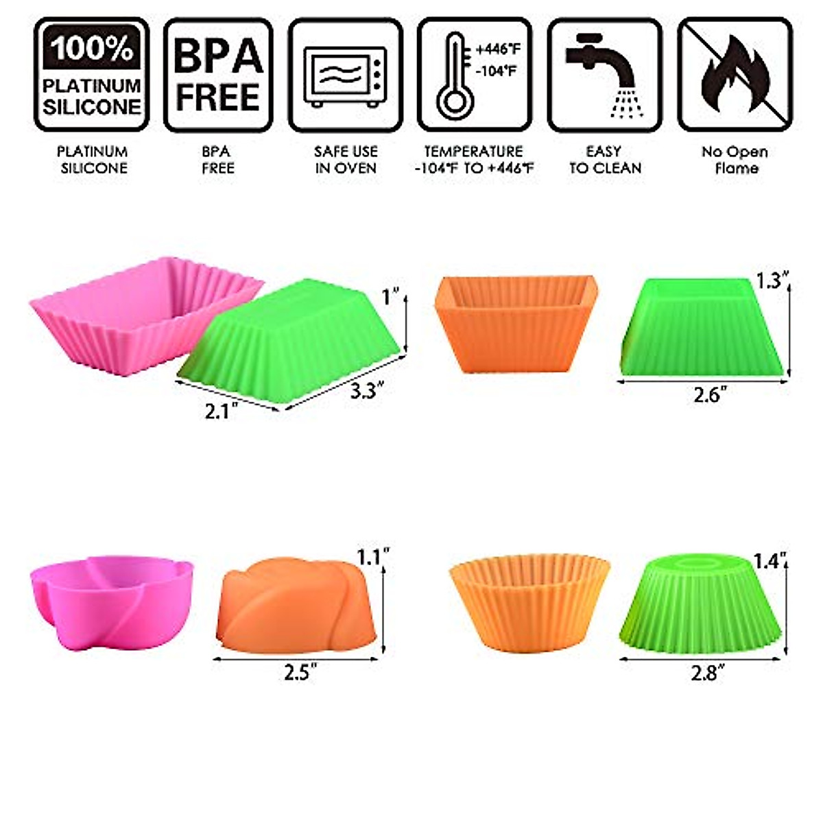 Silicone Baking Cups Cupcake Liners - 24Pcs Reusable Silicone Molds Including Round, Rectanguar, Square, Flower BPA Free Food Grade Silicone