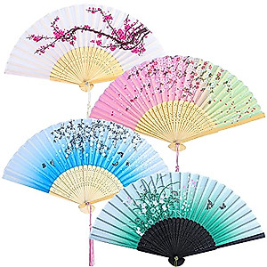 Aneco 4 Pieces Folding Fans Bamboo Handheld Fans Silk Fabric Fans Hand Holding Fans for Wedding, Party, Gifts, Wall Decoration