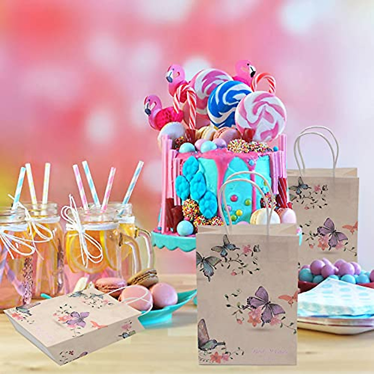 YYaaloa 20pcs Small Gift Bags Kraft Paper Bags with Handle Butterfly flower Party Favor Bags for Baby Shower Kids Birthday Wedding Xmas Party Supplies Restaurant takeouts, and Store Owners (20)