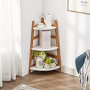 Forevich Bamboo Corner Shelf 3 Tier Ladder Storage Bathroom Shelf for Home Office Rack for Display Corner