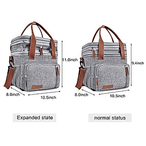 MOV COMPRA Adult Lunch Box for Work, Expandable Large Lunch Bags for Women Men, Leakproof Double Deck Lunch Box Cooler Tote Bag with Removable Shoulder Strap (Grey)