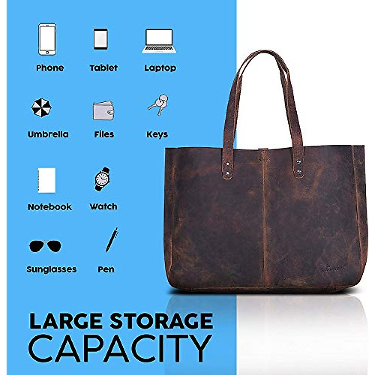 KomalC Leather Shoulder Bag Tote for Women Purse Satchel Travel Bag shopping Carry Messenger Multipurpose Handbag (18.5 INCH, Buffalo Distressed Tan)