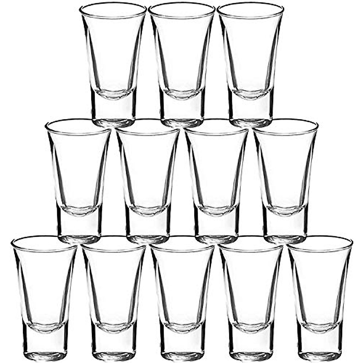 2 oz Clear Tall Flair Shot Glass Set of 12, Heavy Base Shot Glasses 12/Case Classic Cone Shaped Tequila Shooter Glass 12-Pack Premium Glassware With Liquor Pourer And Coasters