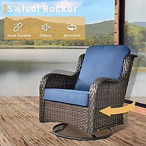 HOOOWOOO Patio Furniture Set,7 Piece Outdoor Furniture Set with Fire Pit Table,Wicker Patio Conversation Couch Swivel Chairs Ottoman Set,Navy Blue