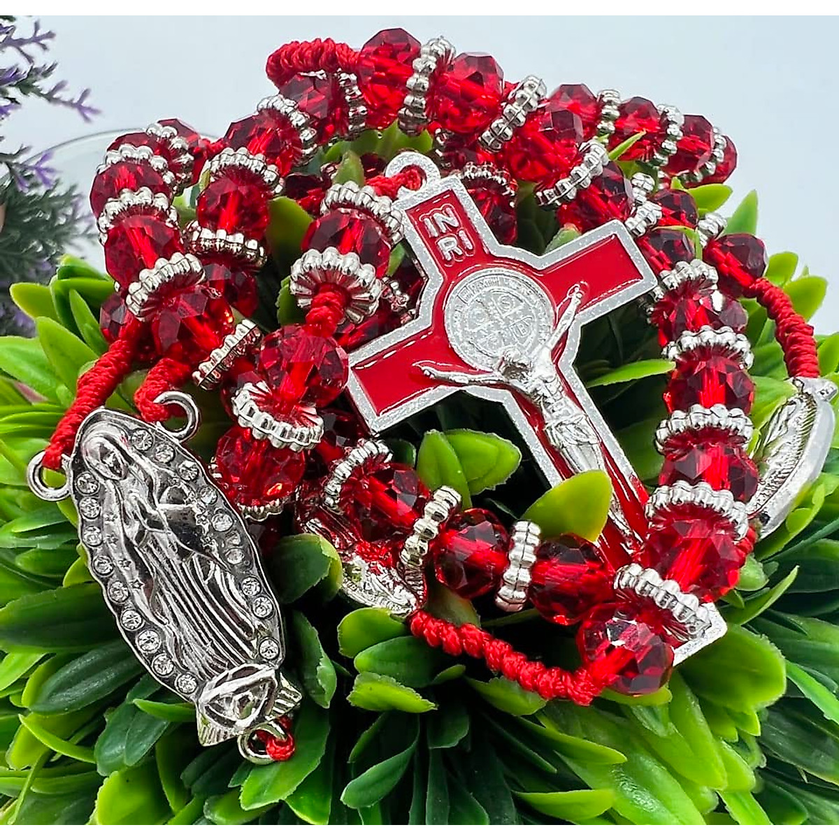 Bead Rosary Necklace with Crucifix and Our Lady of Guadalupe Medal Red Beads Catholic Prayer Rosaries Necklaces Jewelry for Boys Men Gifts Box (Silver)