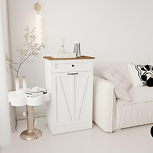 CREAWELLAY Tilt Out Trash Can Cabinet, 13 Gallon Large Hidden Kitchen Garbage Can with Storage Drawer, Farmhouse Wooden Garbage Bin Cabinet for Laundry Room, Living Room (White)