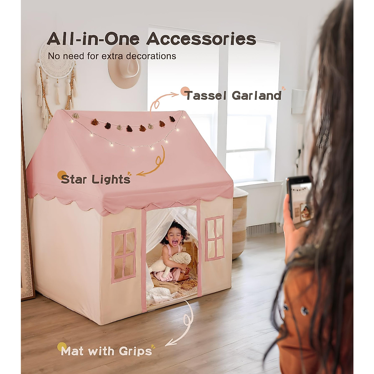 Large Kids Tent with mat, Star Lights, Tissue Garland, Play Tent Indoor & Outdoor, Kids Play Tent for Girl & Boy Aged 3+, Kids Tent for Toddler, 52" x35" x 52" Play House with Windows, Washable, Pink