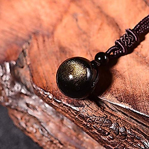 Sinymilk Natural Gold Obsidian Onyx Pendant Rainbow Eyes Beads Lucky Blessing Necklace (20mm)