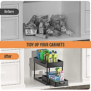 Multi-purpose Under Sink Shelf Organizer - 2-Tier Sliding Storage Drawer Basket Hollow Design Storage Organizer with Hooks,Support Tubes,Antil-slip pads,Suitable for Kitchen Bathroom (Single pull)