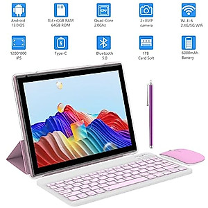 Android 13 Tablet with Keyboard, 2 in 1 Tablet 10.1 Inch, 6GB RAM+64GB ROM/512GB Expandable Tablet PC, 2.0Ghz Quad-Core HD IPS Screen, 8MP Camera, 2.4G/5G WiFi 6 BT 5.0 Tablets with Case Mouse Stylus
