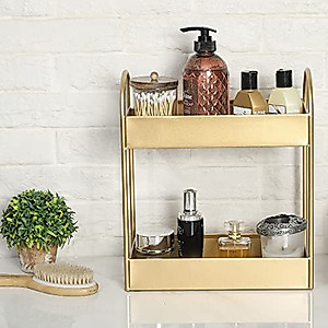 MyGift 2 Tier Gold Metal Bathroom Countertop Vanity Makeup Organizer Display Shelf with Decorative Handles, Cosmetic and Accessories Storage Rack