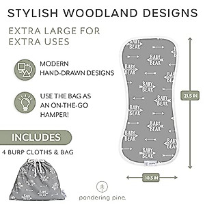 Pondering Pine Organic Burp Cloths with Burp Cloth Bag - Baby Bear Burping Cloths for Boy or Girl - XLarge Soft Spit Up Rags, Extra Absorbent, Woodland Nursery, 4 Pack