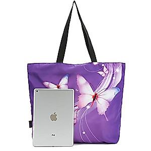 ICOLOR Light Purple Butterfly Gym Bag Shopping Tote Bags Shoulder Bag,Boys Girls Travel Beach Grocery Shoulder Bag with Zipper,Reusable Gym Picnic Work Daily Use Tote Bag(GymBag-02)