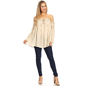 Anna-Kaci Womens Semi Sheer Boho Peasant Long Sleeve Off The Shoulder Top, Beige, XX-Large