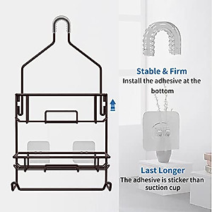 Shower Caddy Hanging over Shower Head Rust Roof Shower Organizer with 10 Hooks for Razor Shampoo Holder Bathroom Shower Rack Storage Shelf with Towel Bar – Bronze