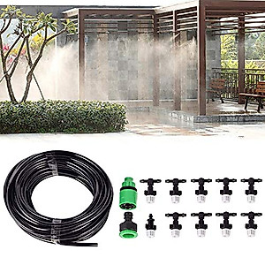 Kadaon 10m Home Garden Patio Misting Micro Flow Drip Irrigation Misting Cooling System with 10pcs Plastic Mist Nozzle Sprinkler for Plant Flower