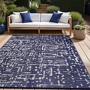 Beverly Rug Abstract Outdoor Rugs 6x9 Waterproof Reversible Plastic Straw Rug Outdoor Carpet, Outside Mat for Patio, Camping, Picnic, Porch, Deck, RV, Beach, Pool, Blue and White