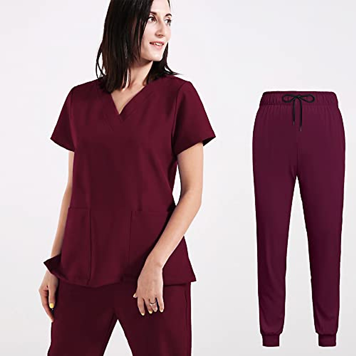 Scrubs Set for Women Joggers V-Neck Pocket Top Uniforms Athletic Stretch Set Workwear Drawstring Threaded Pant Legs