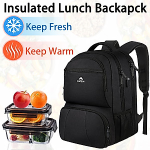 MATEIN Lunch Backpack for Men Work, 18 Inch Large Insulated Backpack Cooler with USB Charging Port, Water Resistant Lunch Box Backpack with Laptop Compartment for Travel Business College Picnic, Black