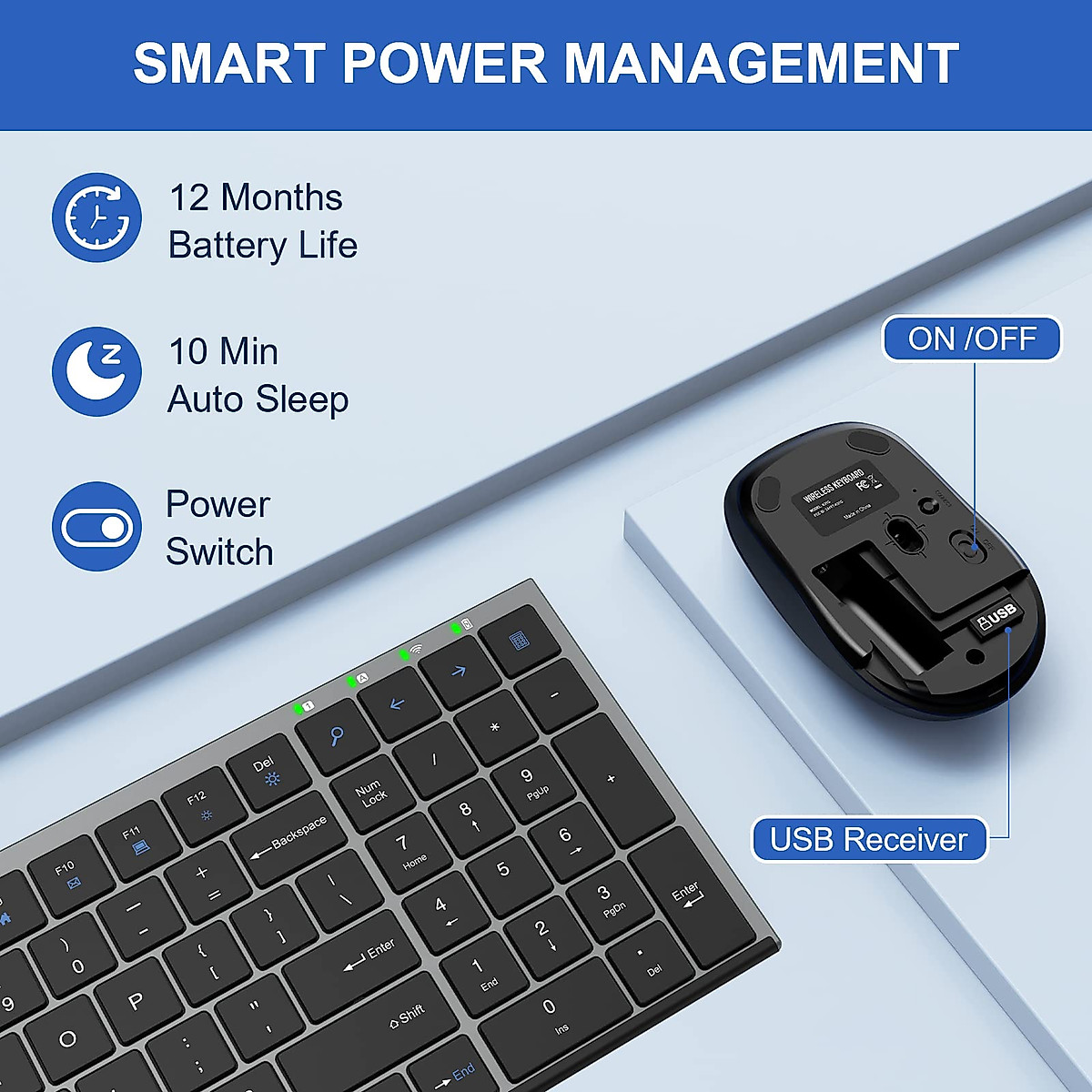 Wireless Keyboard and Mouse, Compact Slim Silent Keyboard with Number Pad, Low Profile Full Size Cordless Quiet Mouse Keyboard Combo for Windows, PC, Laptop (Grey)