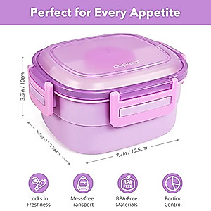 Caperci Superior Salad Container for Lunch To Go - Large 55-oz Salad Bowl Lunch Box Container with 4-Compartment Bento-Style Tray, 3-oz Sauce Container, Reusable Spork & BPA-Free (Purple)