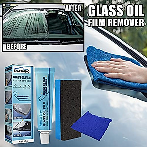 3Pc Car Glass Oil Film Cleaner, Glass Film Removal Cream, Car Windshield Oil Film Cleaner,Glass Oil Film Remover Glass Stripper Water Spot Remover, with Sponge and Towel
