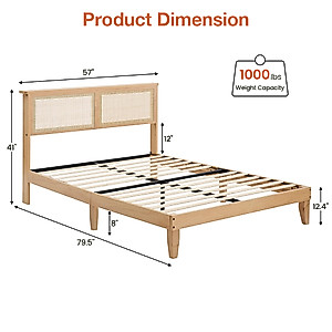coucheta Rattan Bed Frame Full with Natural Rattan Headboard,Bohemian Rattan Full Size Bed Frame with LED Lights,Solid Wood Foundation with Silent Slats,No Box Spring Needed (Full)
