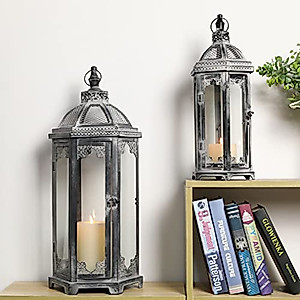 Set of 2 Outdoor Lantern 24.5"&18" High Decorative Candle Lanterns Metal Candle Holder with Tempered Glass Fall Decorations for Home Garden Patio Living Room Indoor Home Yard Hallway Doorway(Grey)