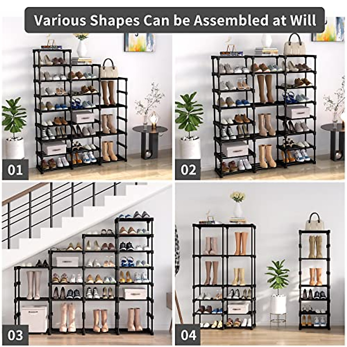 SRQMQ Shoe Rack Organizer, 8 Tiers Metal Shoe Rack Holds 46 Pairs Shoes, Freestanding Shoe Racks That Can be Assembled into A Variety of Shapes are Suitable for Entryway, Bedrooms and Stair Passage