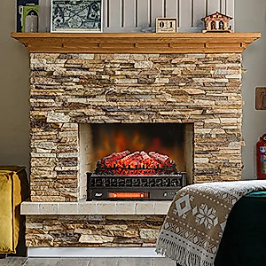 TURBRO Eternal Flame 26-Inch Infrared Quartz Electric Fireplace Log Heater, Realistic Pinewood Logs, Adjustable Flame Colors, Remote Control, Thermostat, Timer, EF26-PB, 1500W