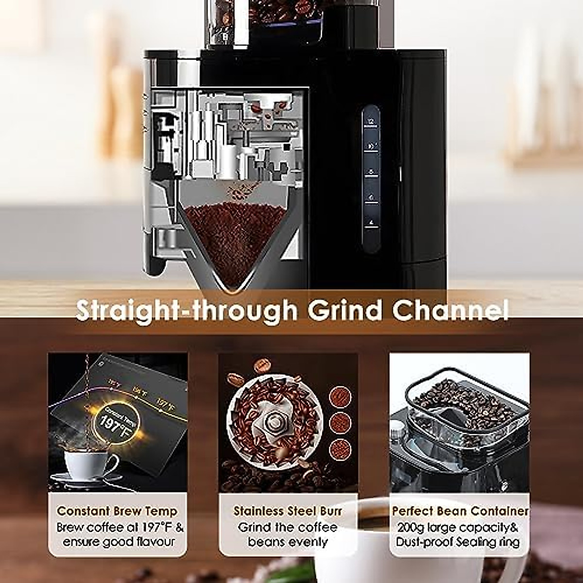 HOMOKUS 10-Cup Coffee Maker with Grinder, Touch Screen, Automatic Brew, Warming Plate, 1.5L Water Tank, Removable Filter - For Home and Office