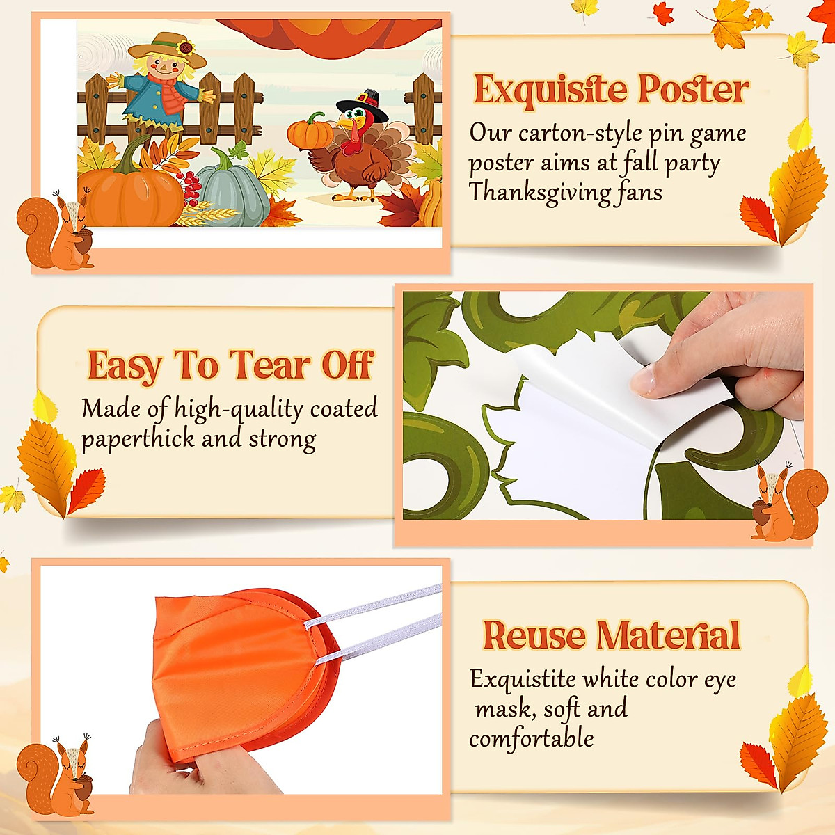 Faccito Thanksgiving Party Games Pin The Stem on The Pumpkin with Blindfold Thanksgiving Gift and Activities Fall Autumn Harvest Pumpkin Pin Game Turkey Poster Thanksgiving Party Supplies