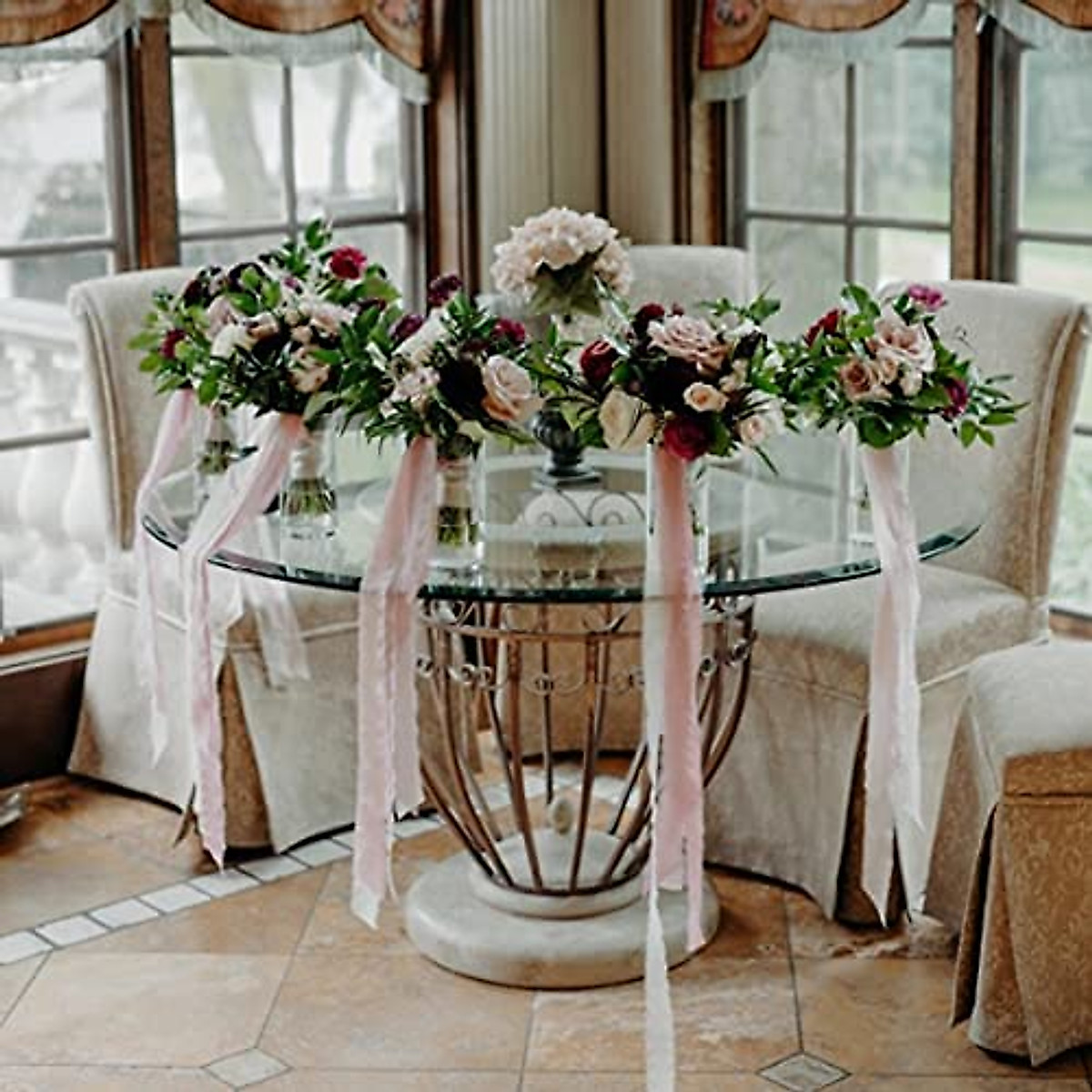 Blush Pink Chiffon Ribbon 3 Rolls Frayed Chiffon Silk Ribbons for Bouquets, Wedding, Gift Wrapping (1.5"x 6 Yd)