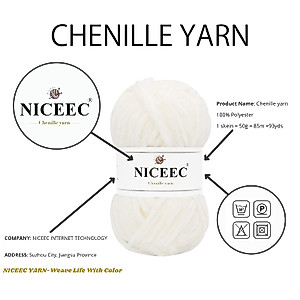 NICEEC 3 Skeins Soft Chenille Yarn Blanket Yarn for Knitting Fancy Yarn for Crochet Weaving DIY Craft Total Length 3×85m (3×93yds, 3×50g)_Cream White