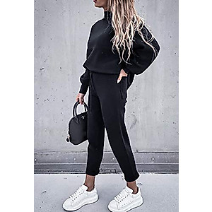Women's 2 Piece Pant Set Sweatsuit Long Lantern Sleeve Sweatshirt Jogger Pant Tracksuit Black M