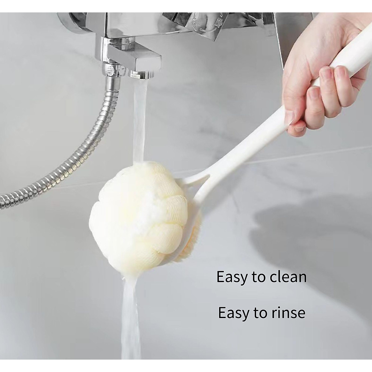 Back Scrubber for Shower, Body Scrubber with Soft Bristles and Loofah, Dual-Sided Long Handle Bath Brush Skin Exfoliator Wet or Dry Body Brush, for Men Women, Anti Slip Handle, Shower Back Washer