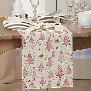 Christmas Table Runner 13x72 Inch, Pink Merry Christmas Trees Table Decors for Seasonal Winter Xmas Holiday Farmhouse Home Kitchen Dining Party