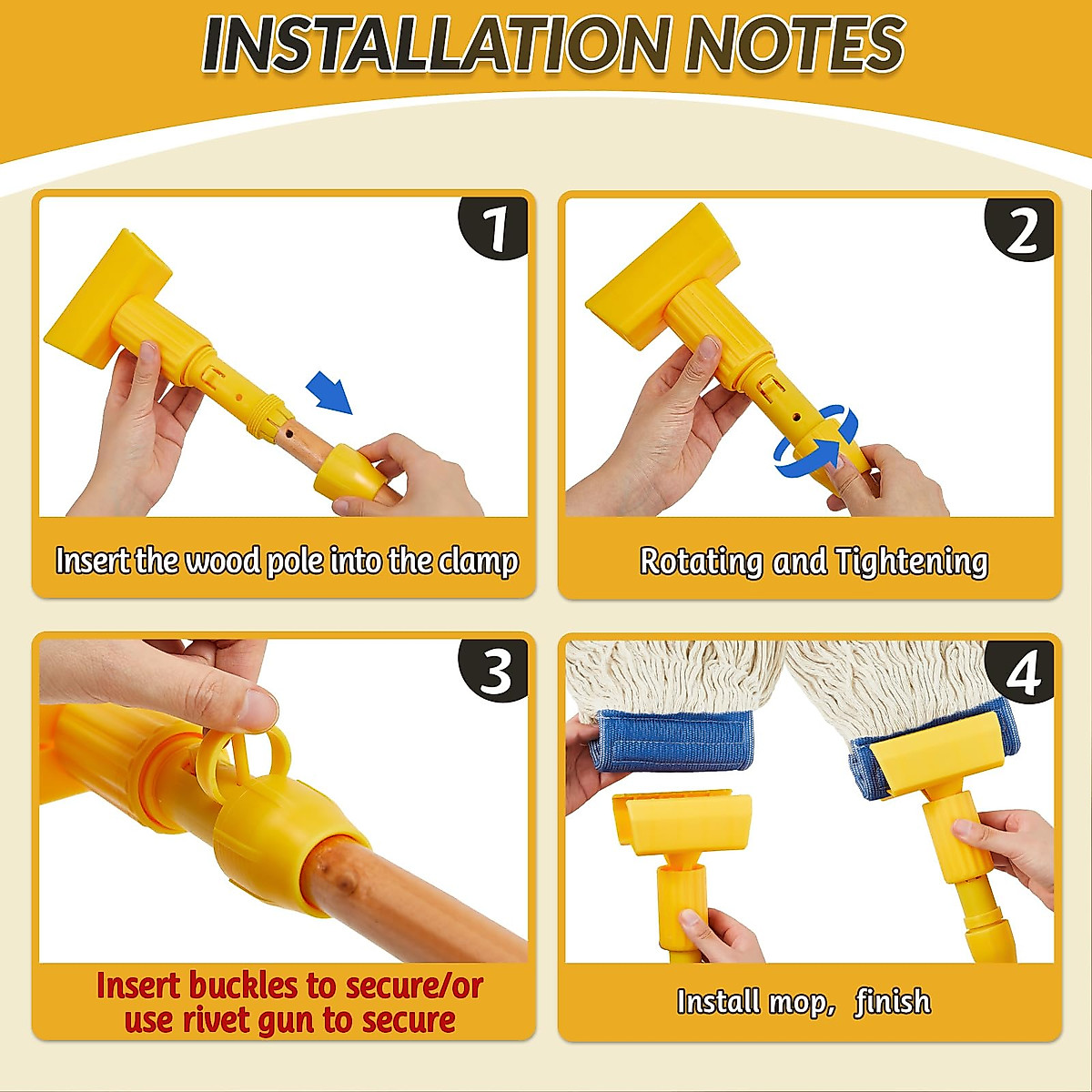 Suzile 6 Pcs Commercial Wooden Mop Industrial Cotton Mop Heads Replacement Wet Floor Cleaning Mop Include 2 Pcs 60" Long Mop Handle with Jaw Clamp 4 Pcs Interchangeable Mop Head for Home Office