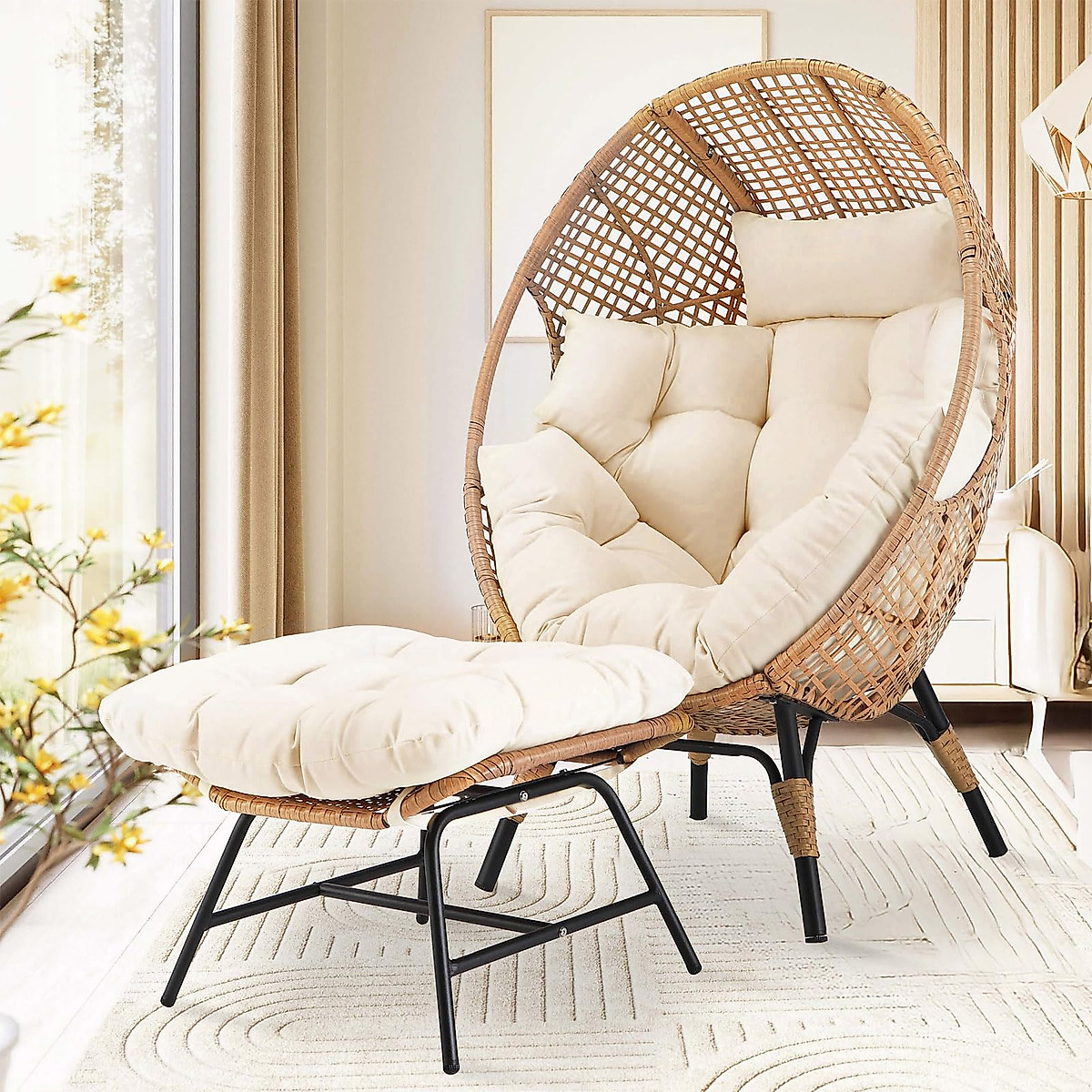 NICESOUL® Wicker Stationary Egg Chair Indoor Outdoor Egg Basket Lounge Chair Oversized Thick Cushions Egg Seat with Legs 440lbs Egg Nest Chair with Ottoman, Boho Rattan Chair for Patio Beige