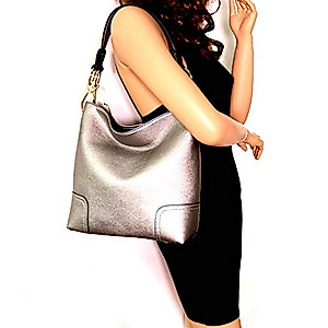 Side Ring Large Snap Hook Hardware Single Strap Soft Vegan Leather Medium Hobo Bag (Large - Black)