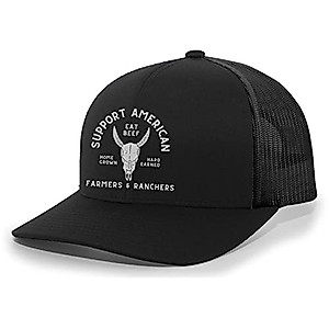 Trenz Shirt Company Support American Farmers Eat Beef Cattle Skull Farm to Table Mens Embroidered Mesh Back Trucker Hat, Black/Black