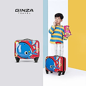 GinzaTravel 3D Little Whale Cute Children's Luggage Sit and Ride Trolley Case 18-inch Universal Wheel Travel Case for Boys and Girls