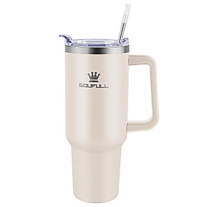 40 oz Tumbler with Handle and Straw Lid, 100% Leak-proof Travel Coffee Mug, Stainless Steel Insulated Cup for Hot and Cold Beverages, Keeps Cold for 34Hrs or Hot for 10Hrs, Dishwasher Safe (Cream)