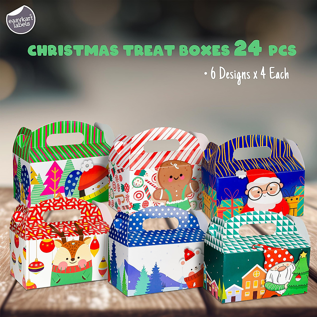 easykart labels 24 Christmas Treat Boxes, Xmas Cardboard Present Candy Cookie Boxes with Handles, Holiday Party Favor Supplies,6 Colourful Designs