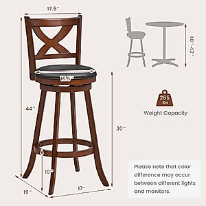 Giantex 30” Bar Stools Set of 2, 360° Swivel Counter Height Stools with Back, Solid Rubber Wood Frame, Leather Padded Seat, Vintage Upholstered Armless Farmhouse Barstools for Kitchen Island Home Bar