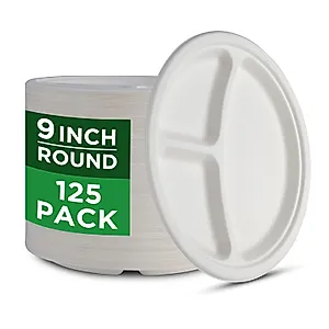 Disposable Paper Plates 9 Inch with 3 Compartment [125 Pack]-100% Compostable Heavy Duty Plates, Biodegradable Paper Plates Made from Sugar Cane Fibers, for Parties, Daily Meals, Dinners, BBQ (White)