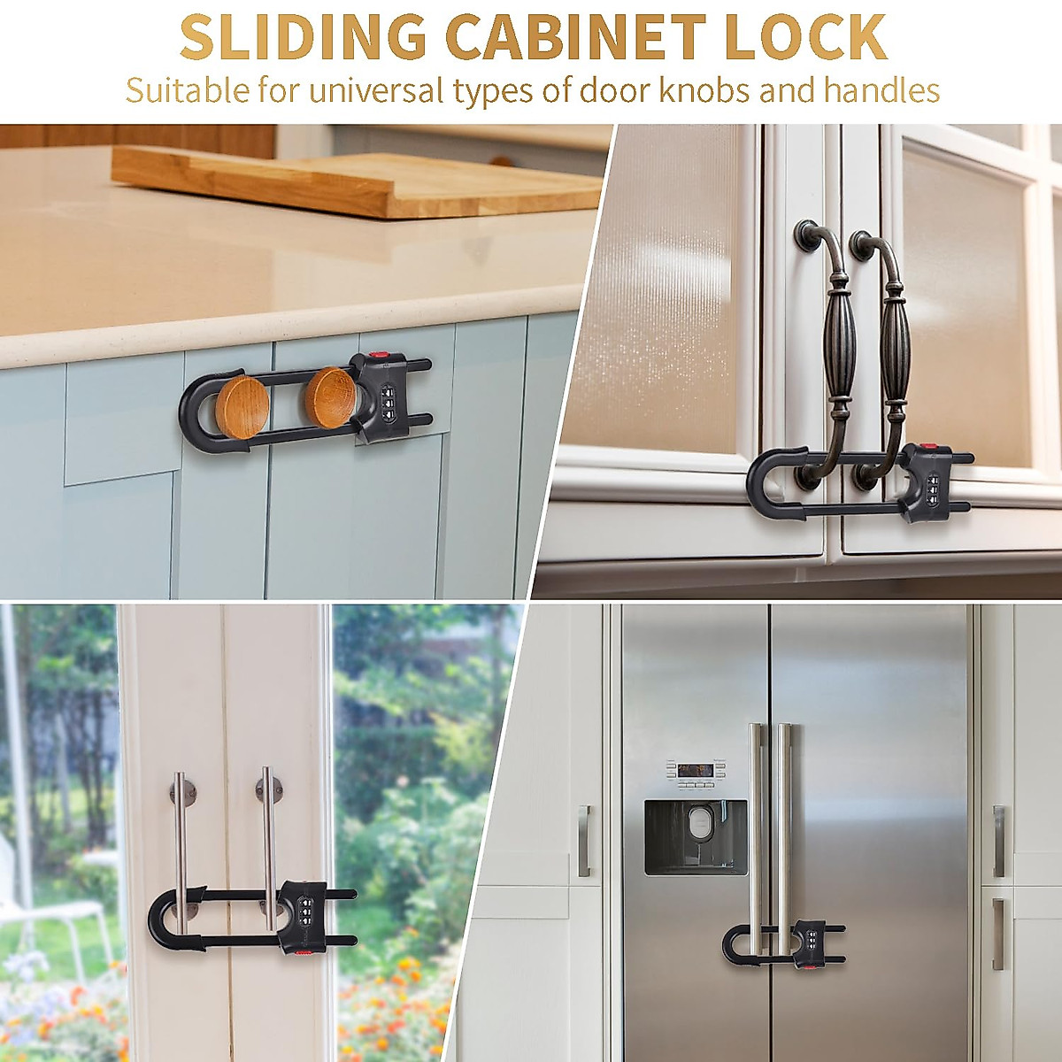 HonesaLoc 4 Packs U-Shaped Sliding Cabinet Locks, Baby Proofing Cabinets with Adjustable Child Safety Lock, Childproof Latches for Knobs, Handles on Kitchen Doors and Home Drawers Closet - Black