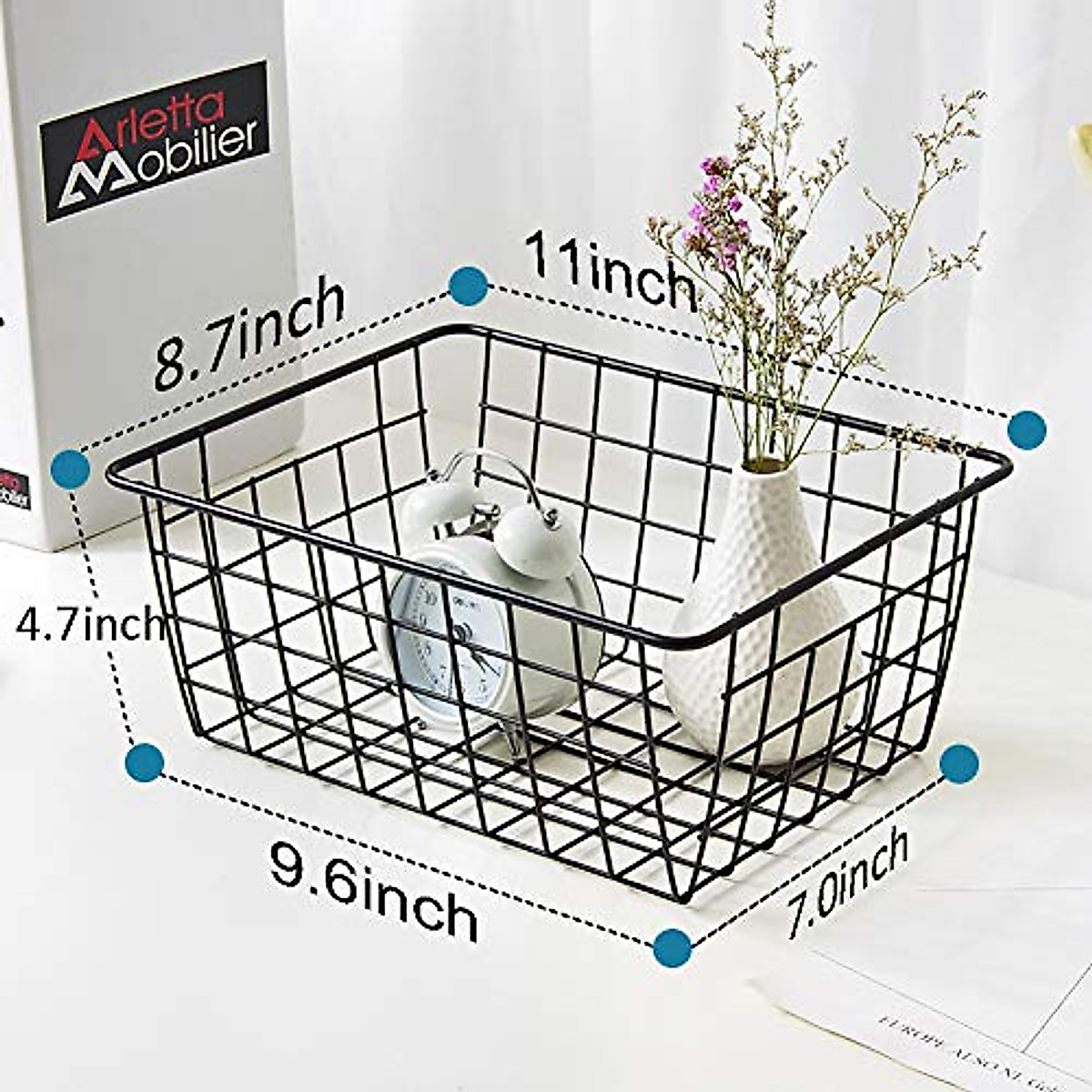 Wire Storage Baskets, 4 Pack Metal Household Organizer with 2 Pcs Fabric Liners, Refrigerator Bin with handles, for Pantry, Shelf, Freezer, Kitchen Cabinet, Bathroom, Countertop, Closets (Black)