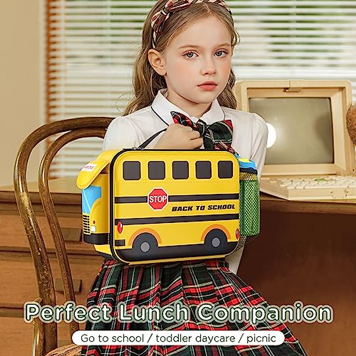 TIME4DEALS Lunch Box for Kid Boy Girl, 6 Compartments Lunch Container with Tableware Lunch Bag Set, 1330ML Ideal Portion Sizes Bento Box, Reusable Meal and Snack Packing Leakproof (Yellow School Bus)